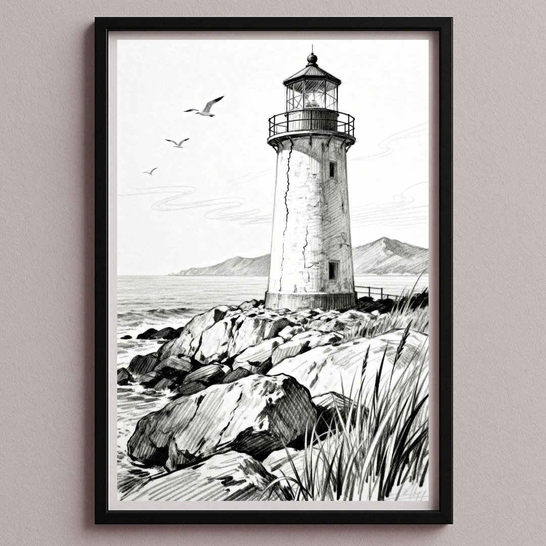 Lighthouse Pencil Drawing Wall Art Poster Picture – Coastal Graphite ...