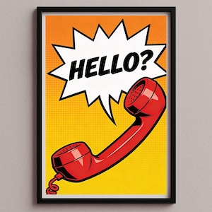 Hello Pop Art Picture Wall Art Poster – Retro Phone Comic Style Bold ...