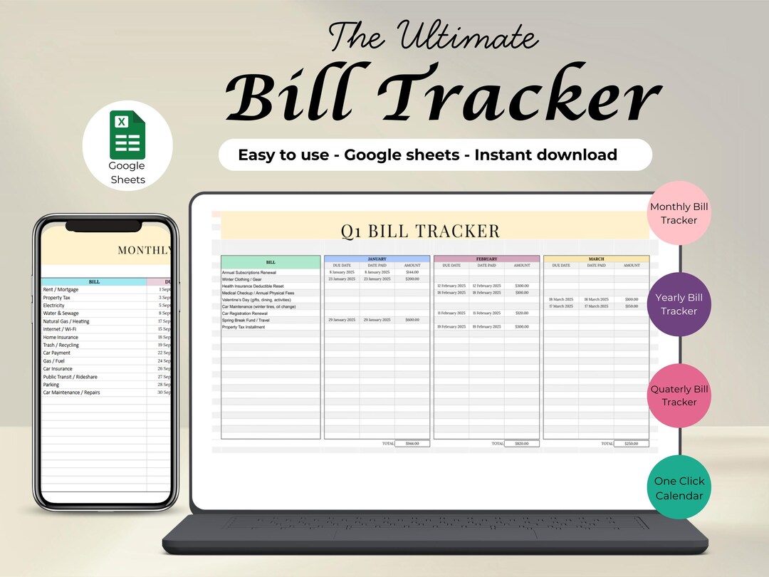 Digital Bill Tracker Spreadsheet: Yearly, Monthly, & Quarterly Budget ...