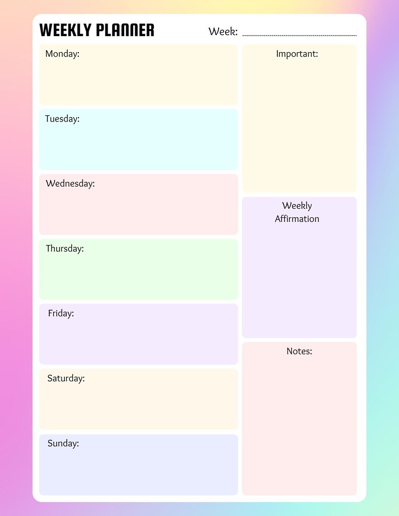 Colorful Gradient Minimalist Weekly Planner | Digital Download ...