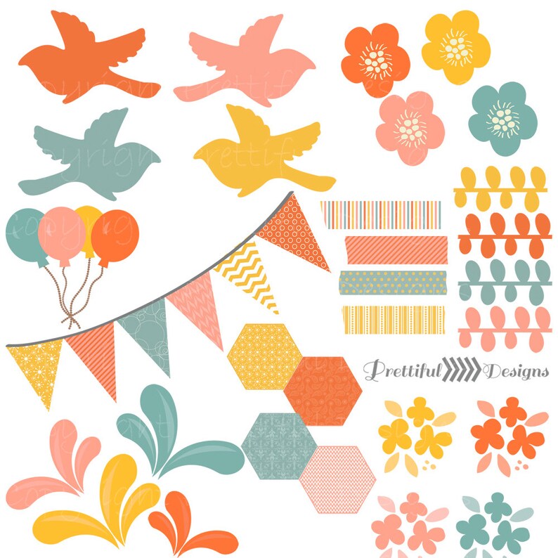 Girly Retro Clip Art Digital Bird Banner Hexagon Washi Tape Flowers - Etsy