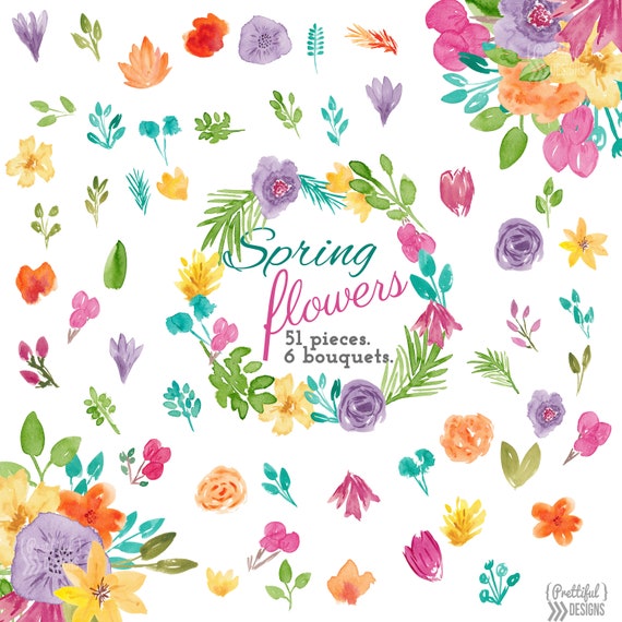 Spring Flowers Watercolor Clip Art Commercial Use 51 individual flowers ...
