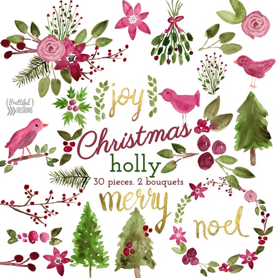 Christmas Watercolor Clip Art Commercial Use Red and Green Watercolor ...
