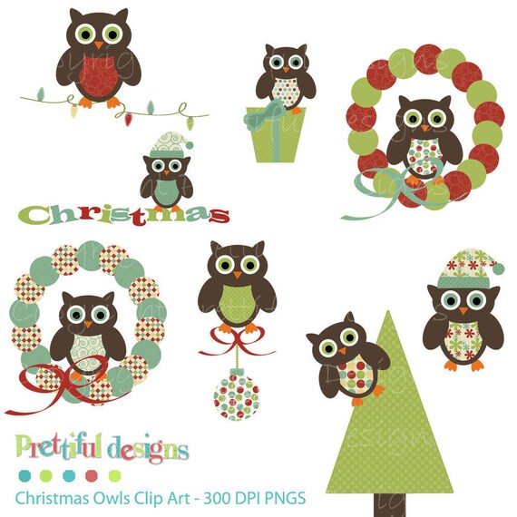 Christmas Owl Clip Art for Digital Scrapbooking Invitations | Etsy