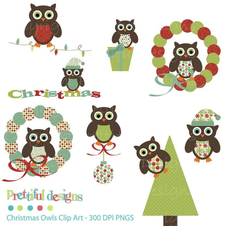 Christmas Owl Clip Art for Digital Scrapbooking, Invitations, Paper ...
