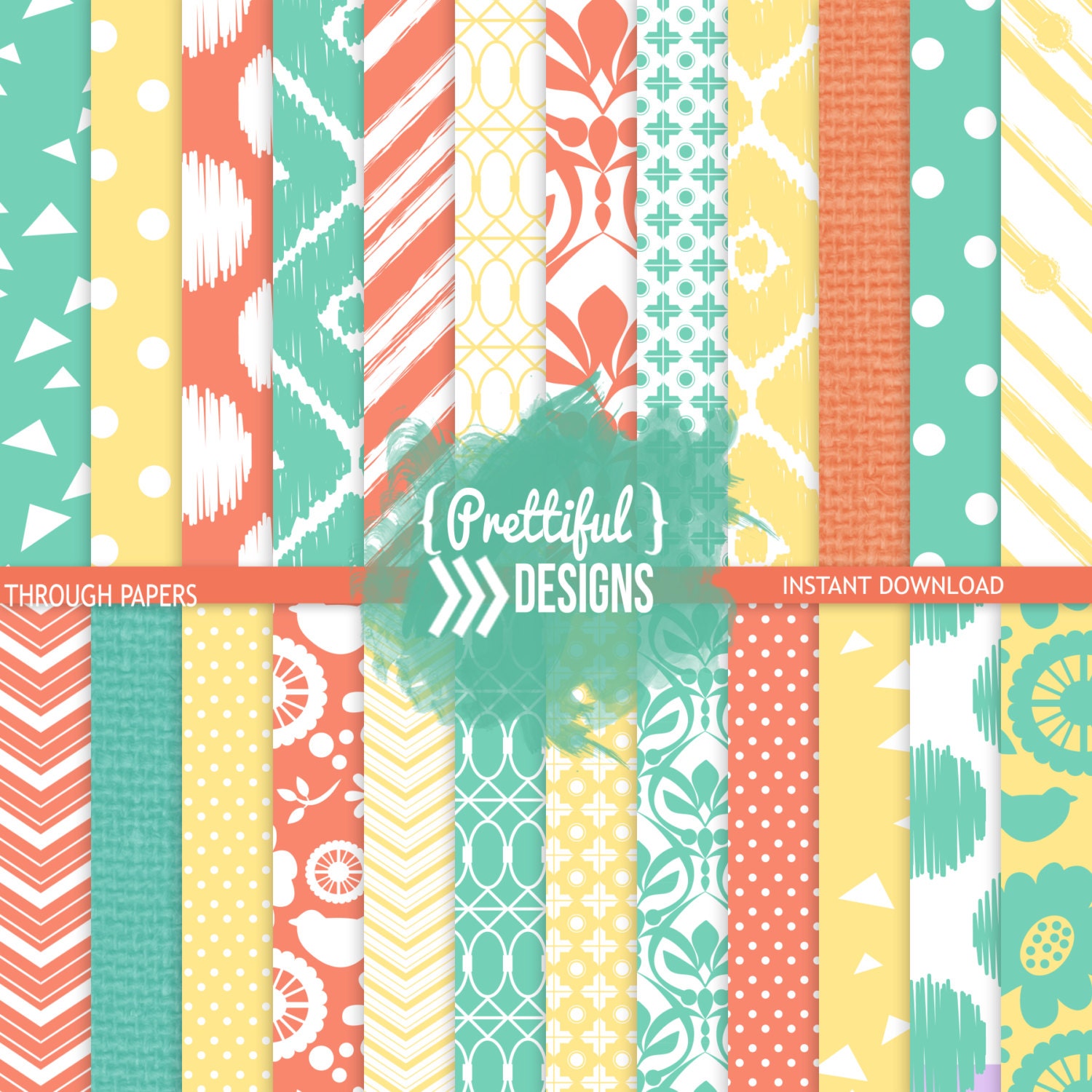 Seafoam Coral Yellow Commercial Use Digital Paper Ikat Bird | Etsy