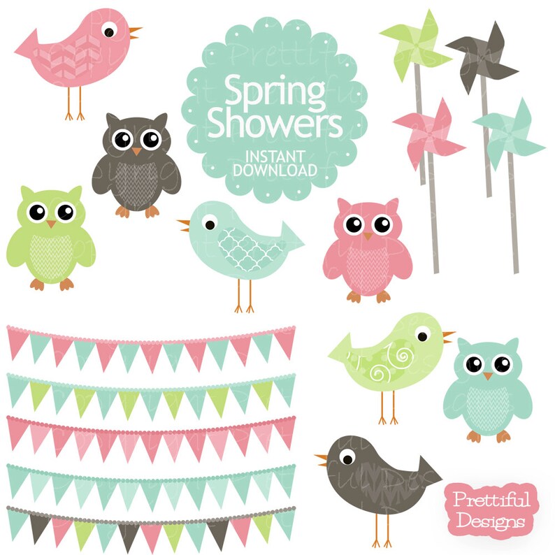 Owl Clip Art Bird Pinwheel Bunting Digital Art in Pinks Aqua Digital ...
