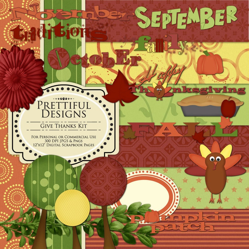 Thanksgiving Digital Scrapbooking Kit With Papers, Elements and Word ...