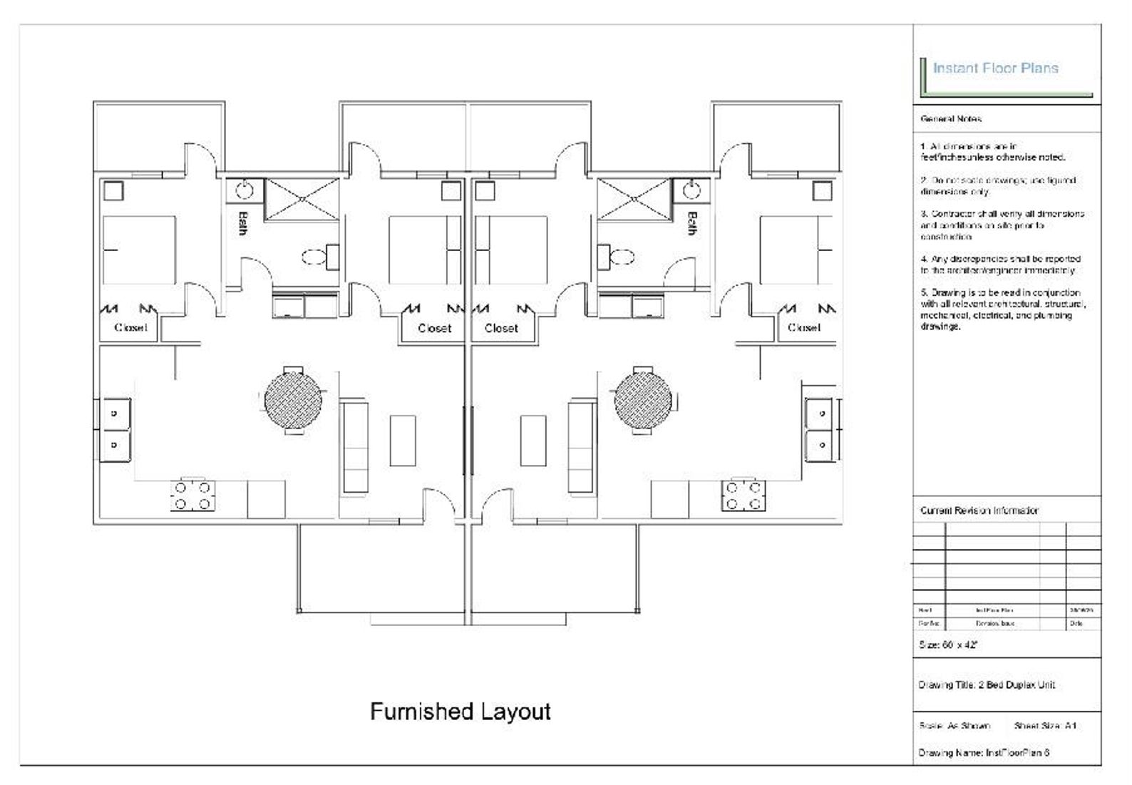 2-bed Duplex House Plan: 42x60 Ft, PDF + CAD Files - Etsy