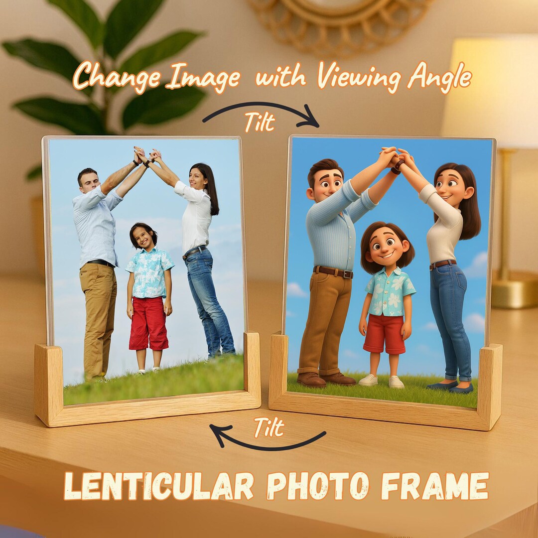 Custom Lenticular Photo Frame, 3D Pixar-style Cartoon Family & Pet ...