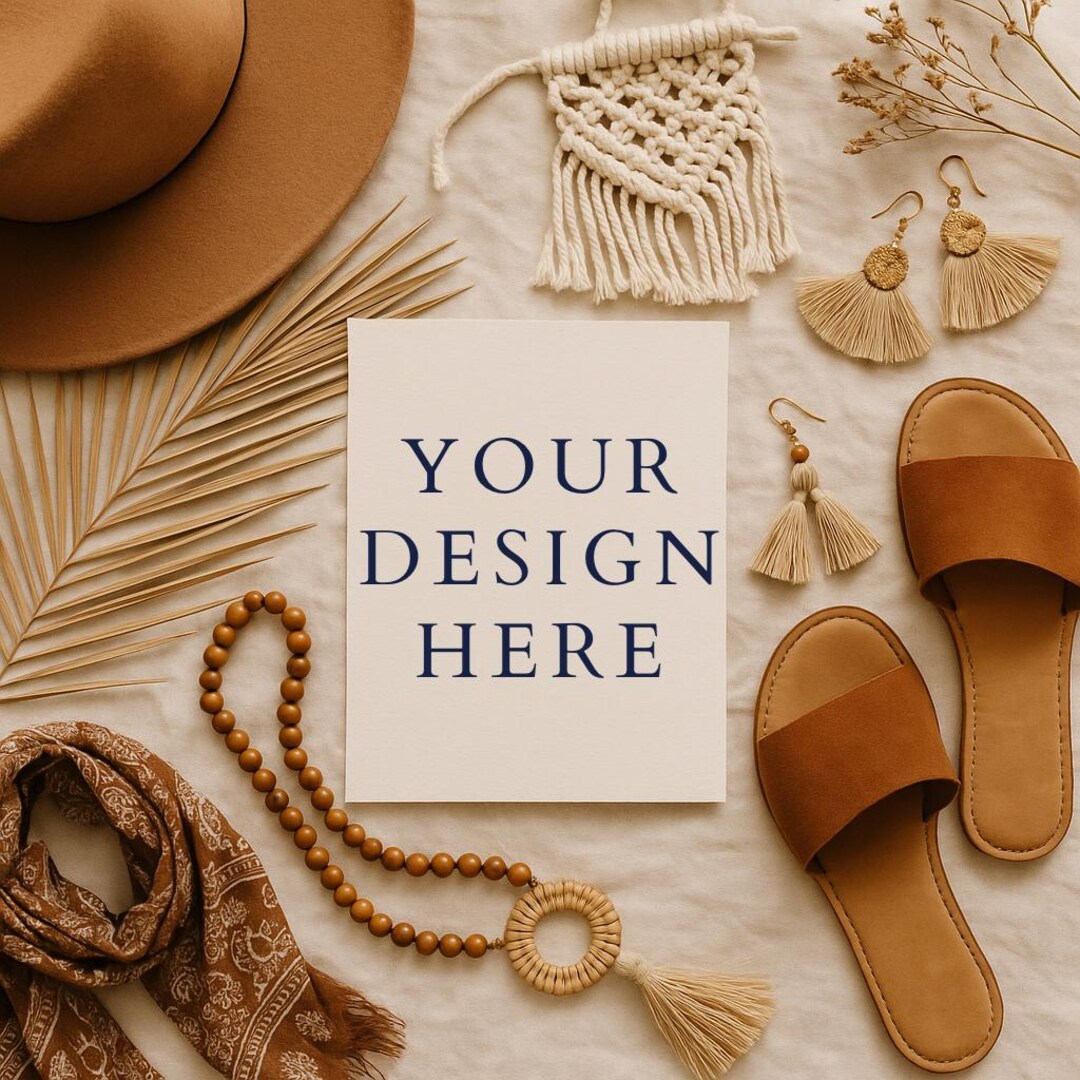 Boho Card Flatlay Mockup for Sellers | Neutral Product Photography ...