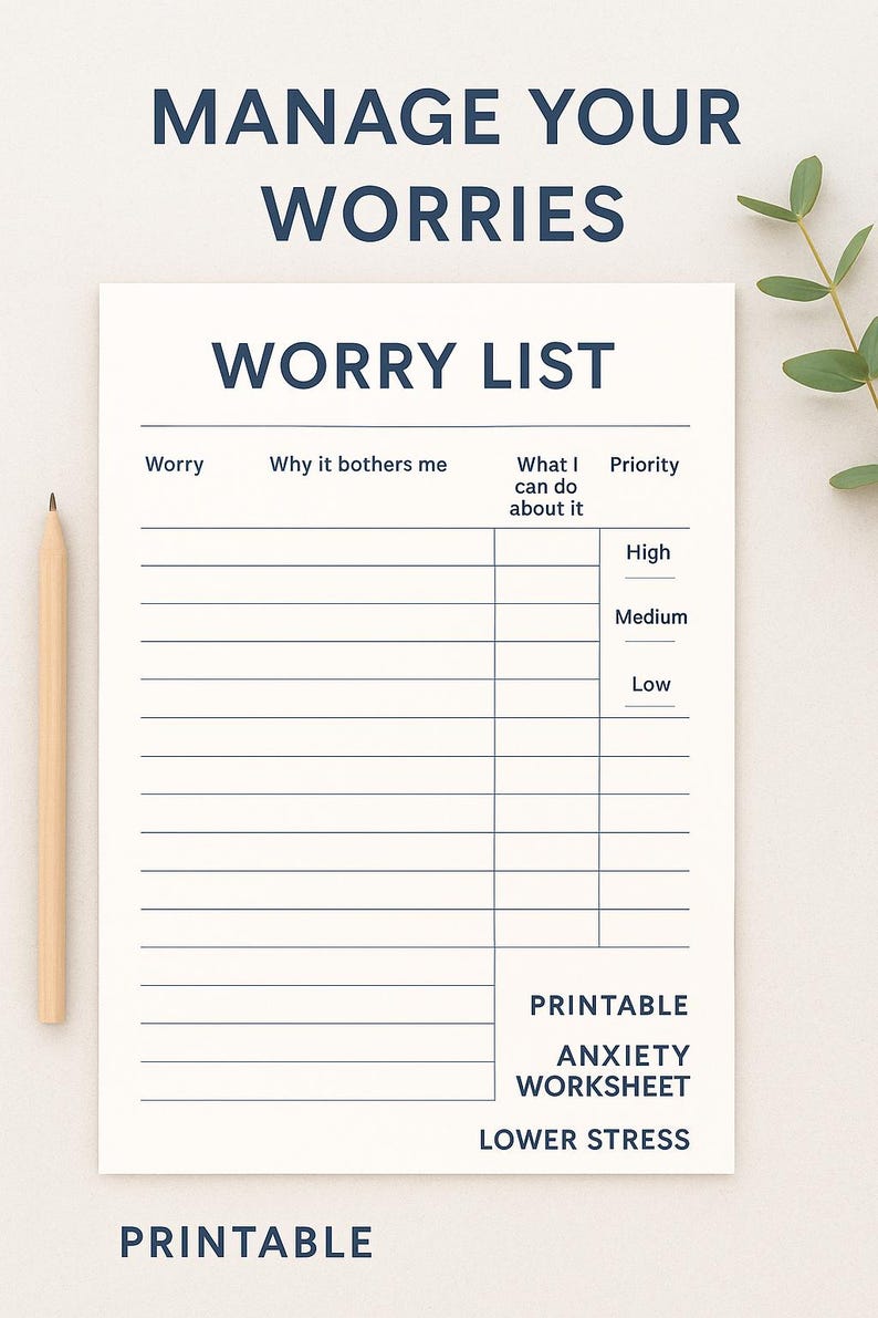 Worry List Worksheet | Anxiety Workbook | Mental Health Tool | Therapy ...