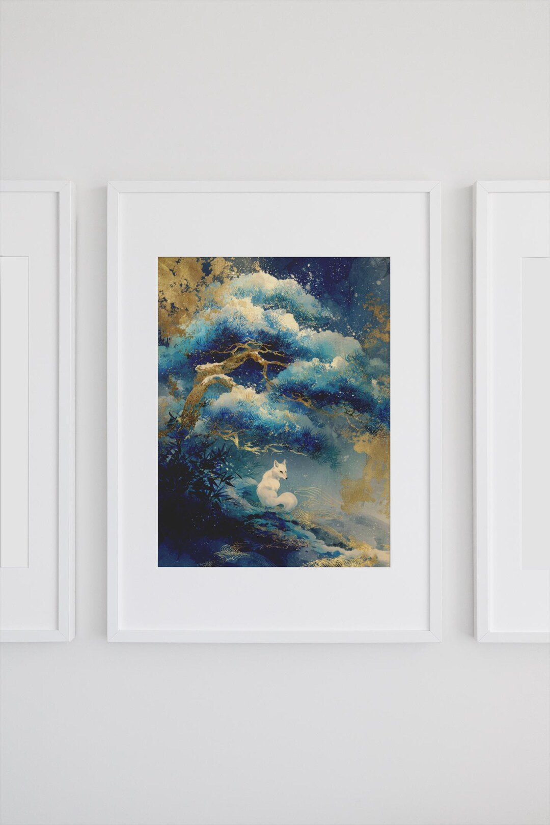 Kitsune Fox Art Print: Japanese Winter Snow Scene With Gold - Etsy