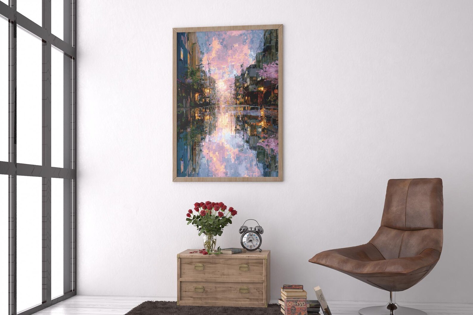 Pixel art Kyoto｜Scène de rue au coucher du soleil｜Lueur de fleurs de ...