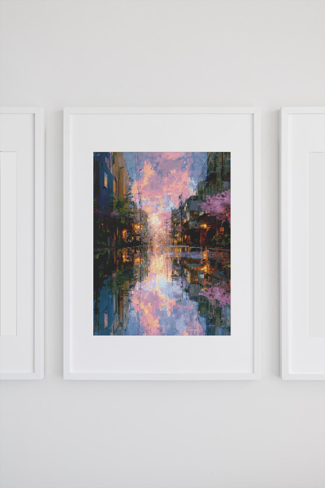 Pixel art Kyoto｜Scène de rue au coucher du soleil｜Lueur de fleurs de ...