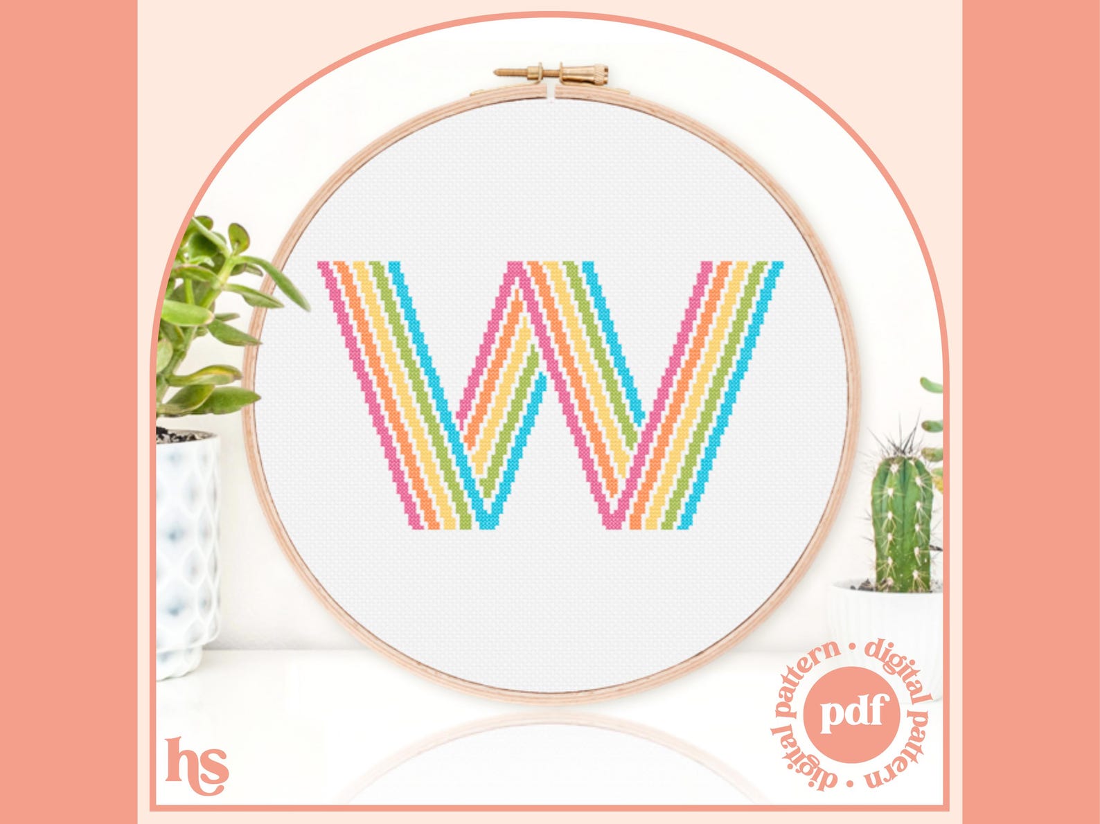 Retro Rainbow Initial - W - Modern Cross Stitch Pattern - Digital ...