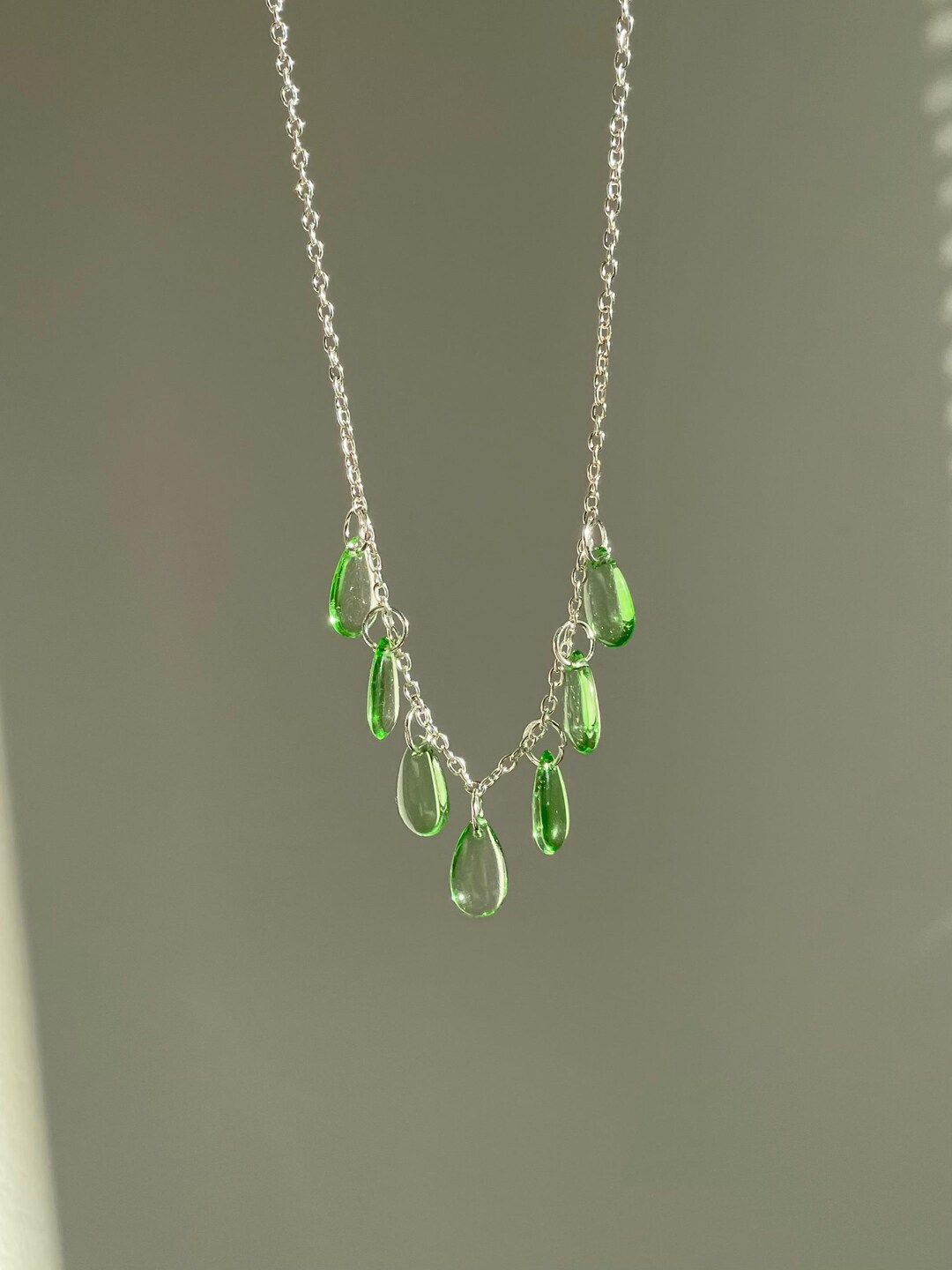 Green Glass Teardrop Necklace: Handmade Stainless Steel Jewelry - Etsy