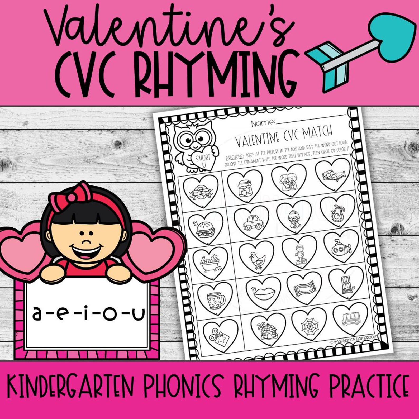 Valentine’s Day CVC Rhyming Words Phonics Worksheets for Kindergarten ...