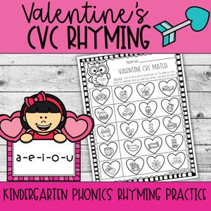 Valentine’s Day CVC Rhyming Words Phonics Worksheets for Kindergarten ...