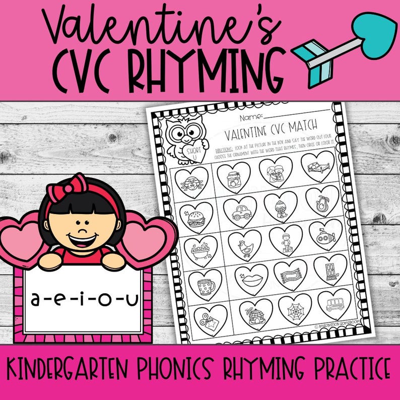 Valentine’s Day CVC Rhyming Words Phonics Worksheets for Kindergarten ...