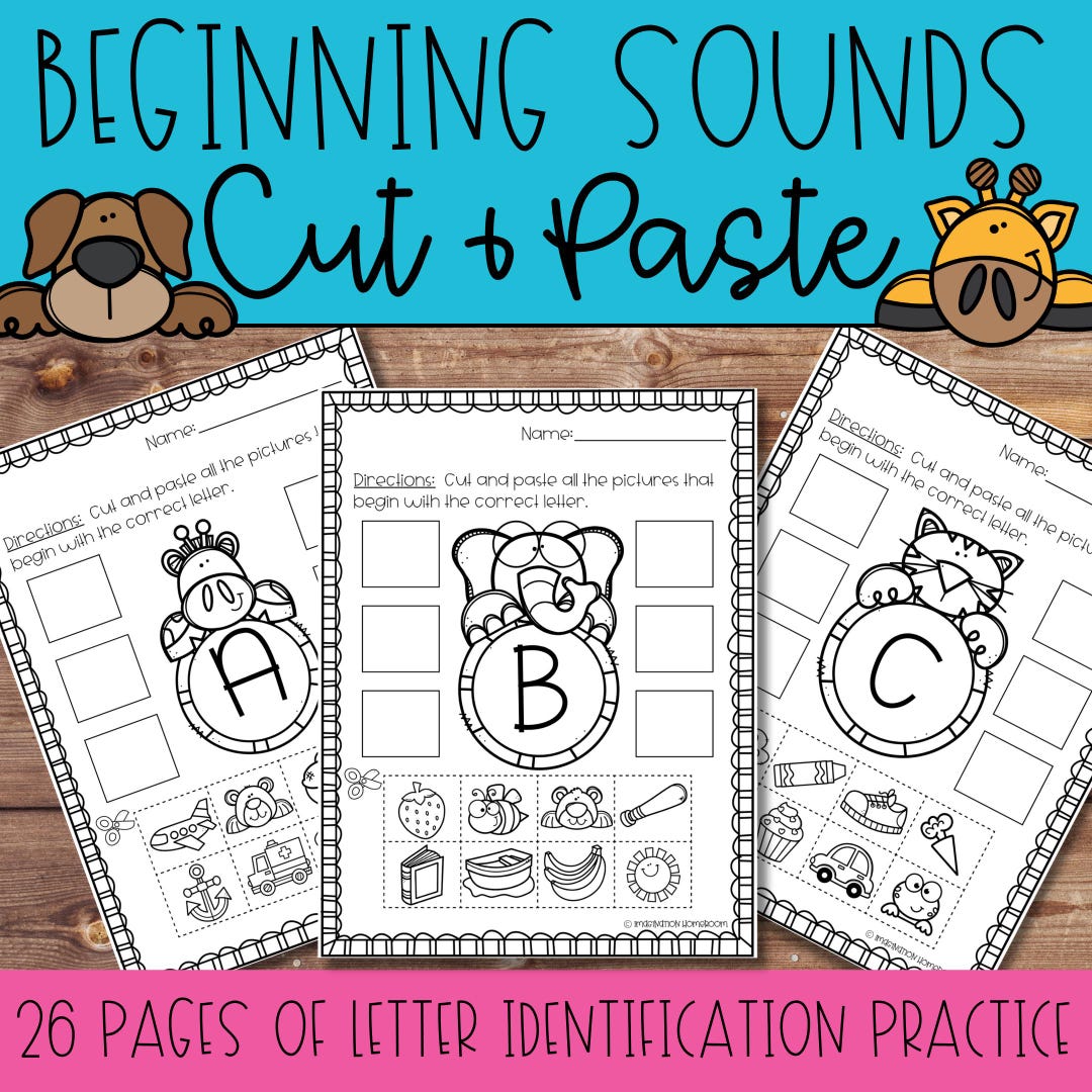 Animal Beginning Sounds Worksheets Alphabet Cut and Paste Phonics for ...