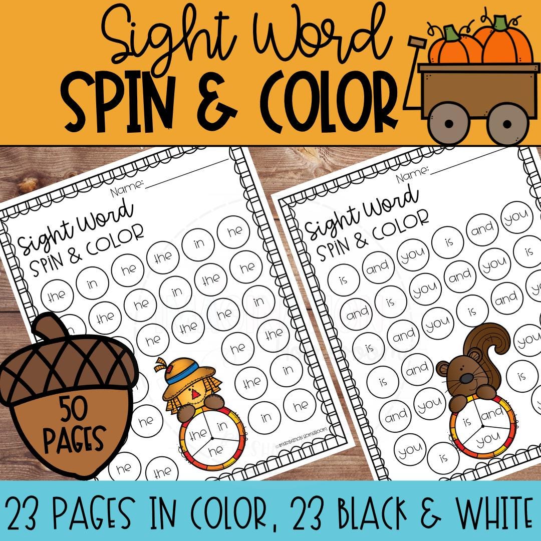 Fall Spin and Color Sight Word Activity for Early Literacy & Fine Motor ...