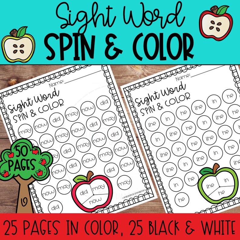 Apple Spin and Color Sight Word Activity for Early Literacy & Fine ...