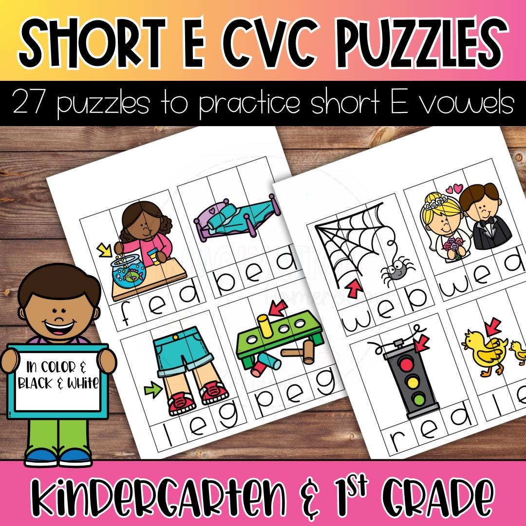 Rompecabezas de palabras con E corta y CVC para actividades de fonética ...