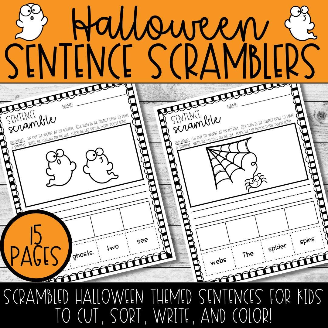 Halloween Sentence Scramble Worksheets for Kindergarten Cut and Paste ...