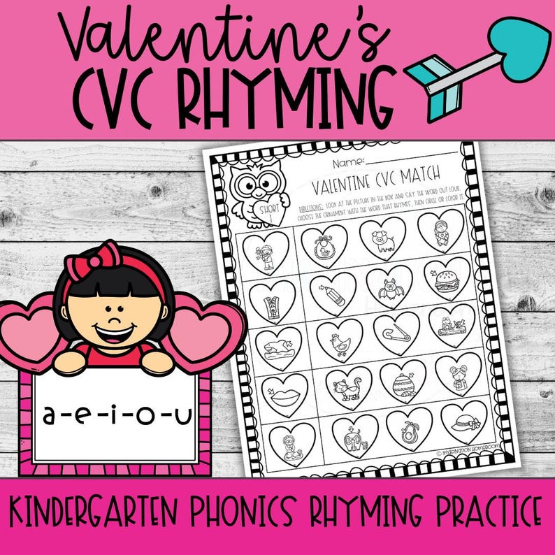 Valentine’s Day CVC Rhyming Words Phonics Worksheets for Kindergarten ...