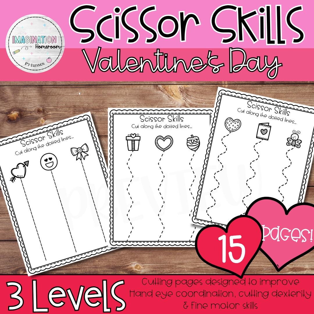 Valentine's Day Scissor Skills, Cutting Practice Worksheets, Preschool ...