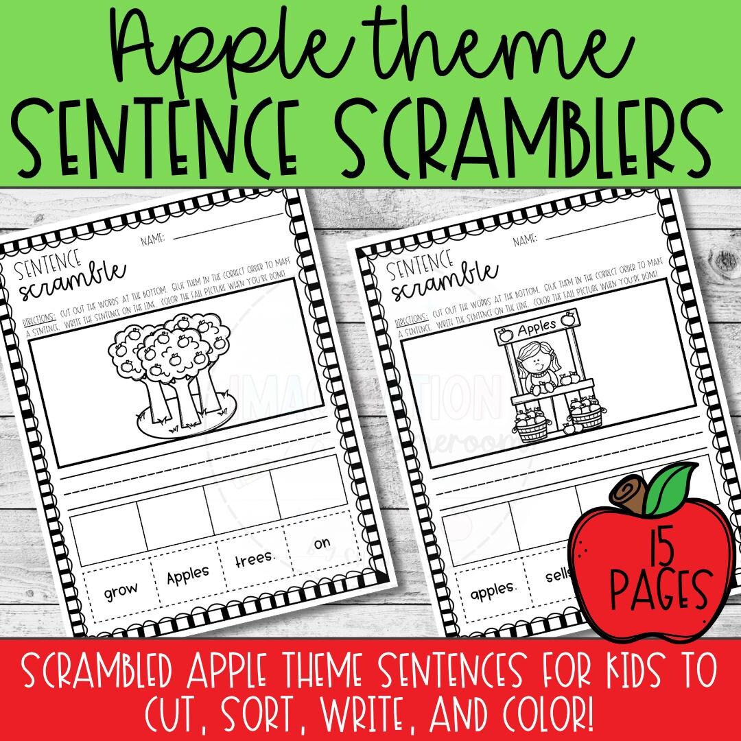 Apple Sentence Scramble Worksheets, Kindergarten Cut and Paste Literacy ...