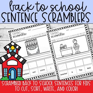 Back to School Sentence Scramble Worksheets for Kindergarten Cut and ...