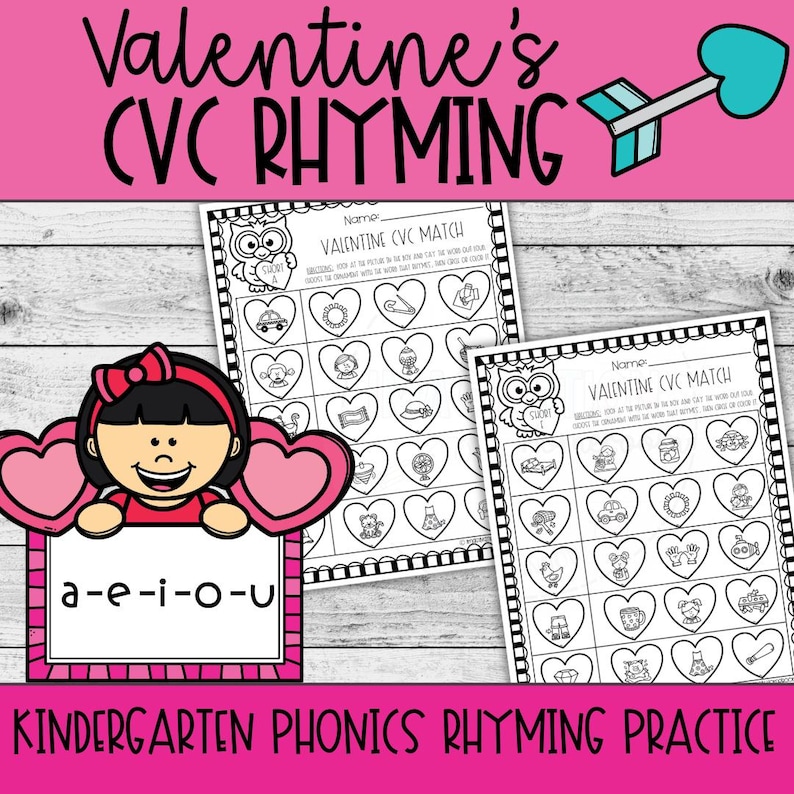 Valentine’s Day CVC Rhyming Words Phonics Worksheets for Kindergarten ...