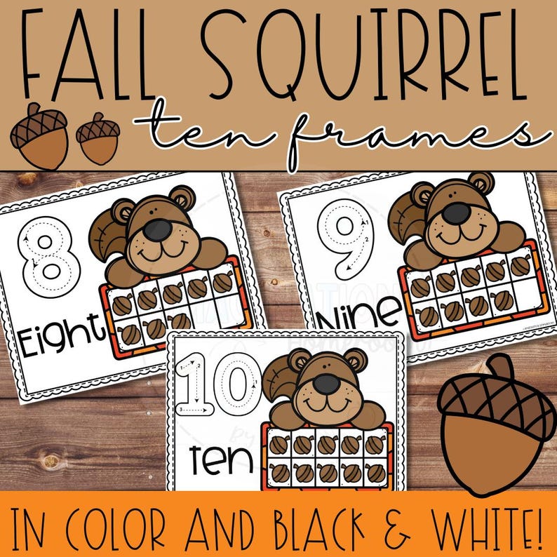 Fall Squirrel Ten Frame Mats Numbers 1 to 10 for Preschool and ...