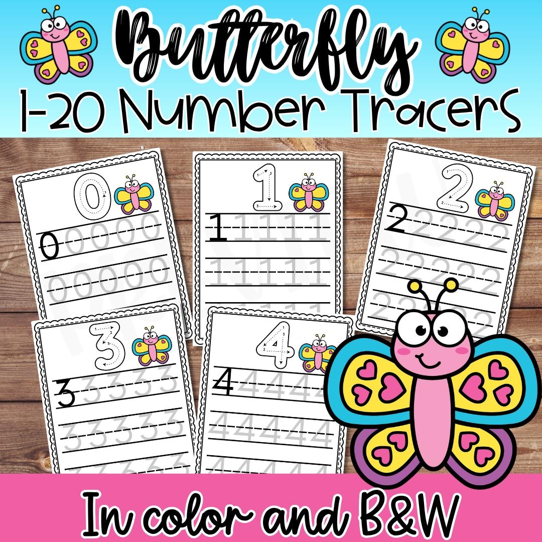 Butterfly Theme Math Number Tracing Sheets 1‑20 Preschool Kindergarten ...