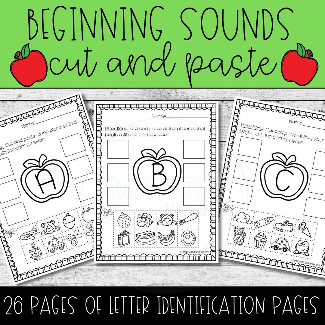 Fall Apple Beginning Sounds Worksheets Alphabet Cut and Paste Phonics ...