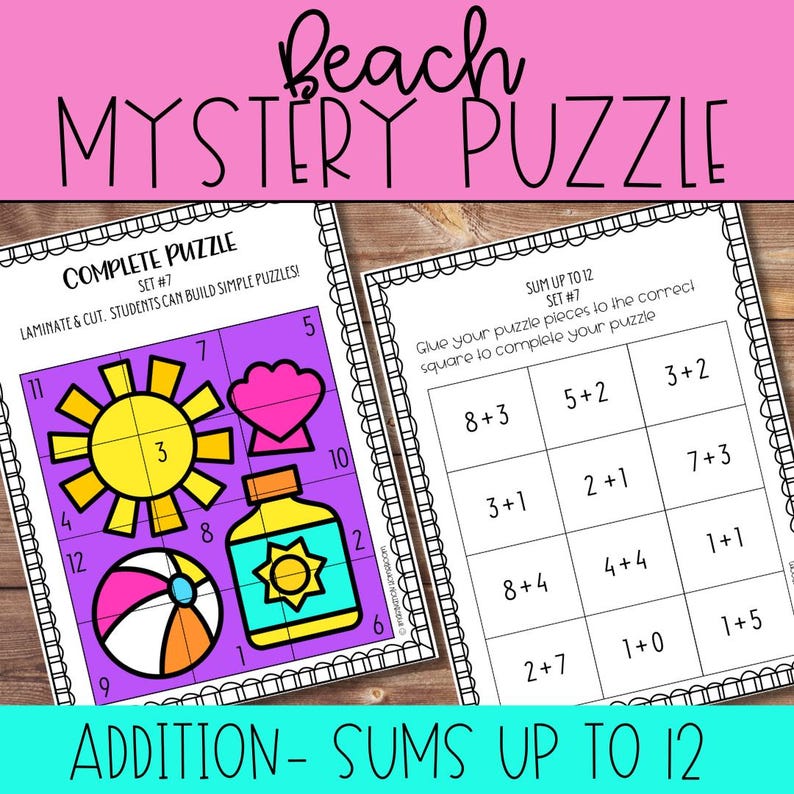 Beach Mystery Picture Puzzles for Addition to 12 Summer Math Game for ...