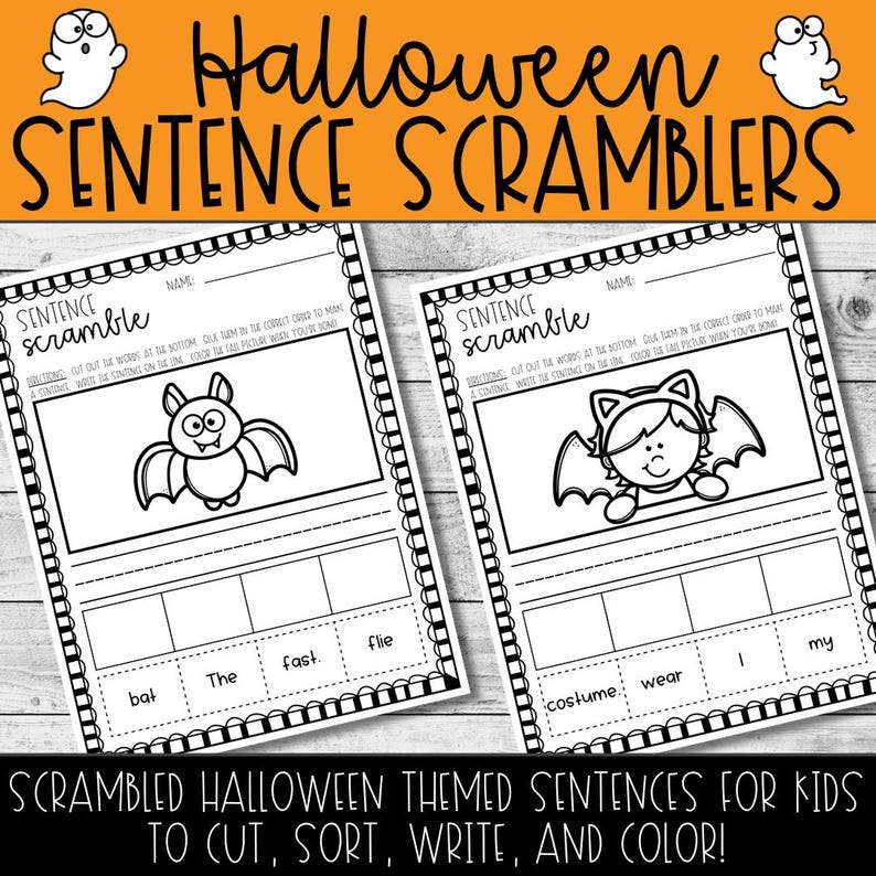 Halloween Sentence Scramble Worksheets for Kindergarten Cut and Paste ...