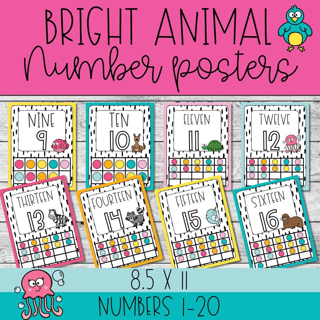 Bright Animal Number Posters 1 to 20 With Ten Frames for Preschool and ...