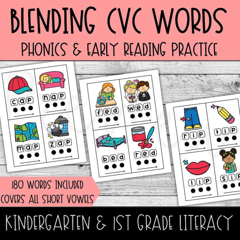 CVC Word Blending Flashcards, Phonics Printables for Kindergarten and ...