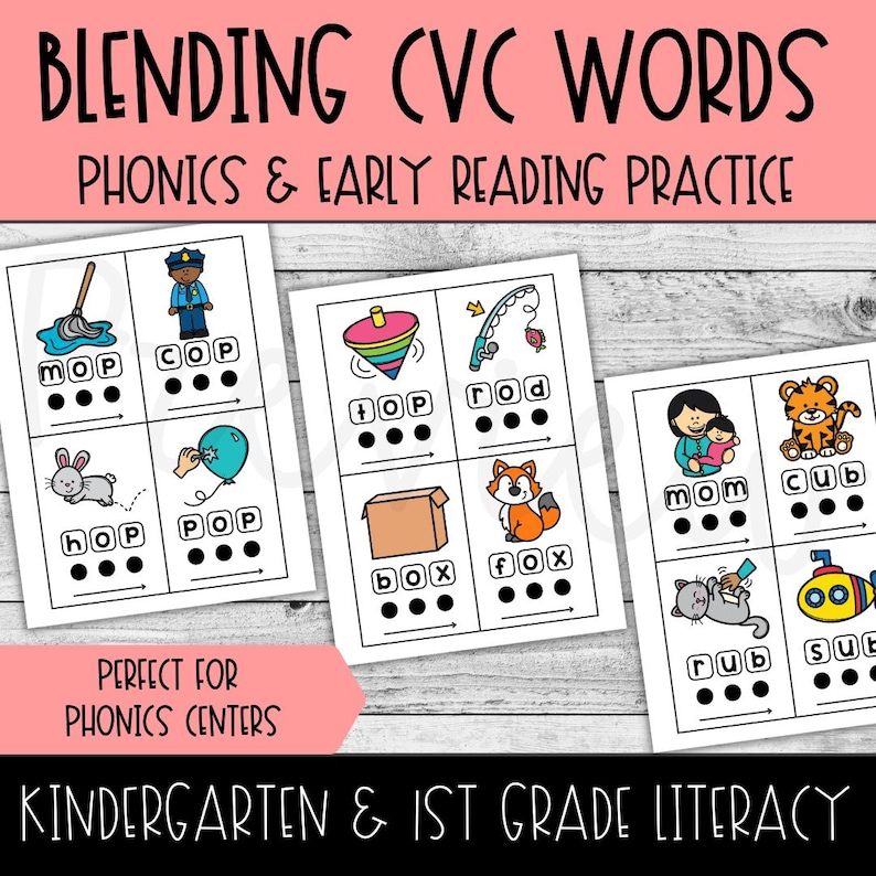 CVC Word Blending Flashcards, Phonics Printables for Kindergarten and ...