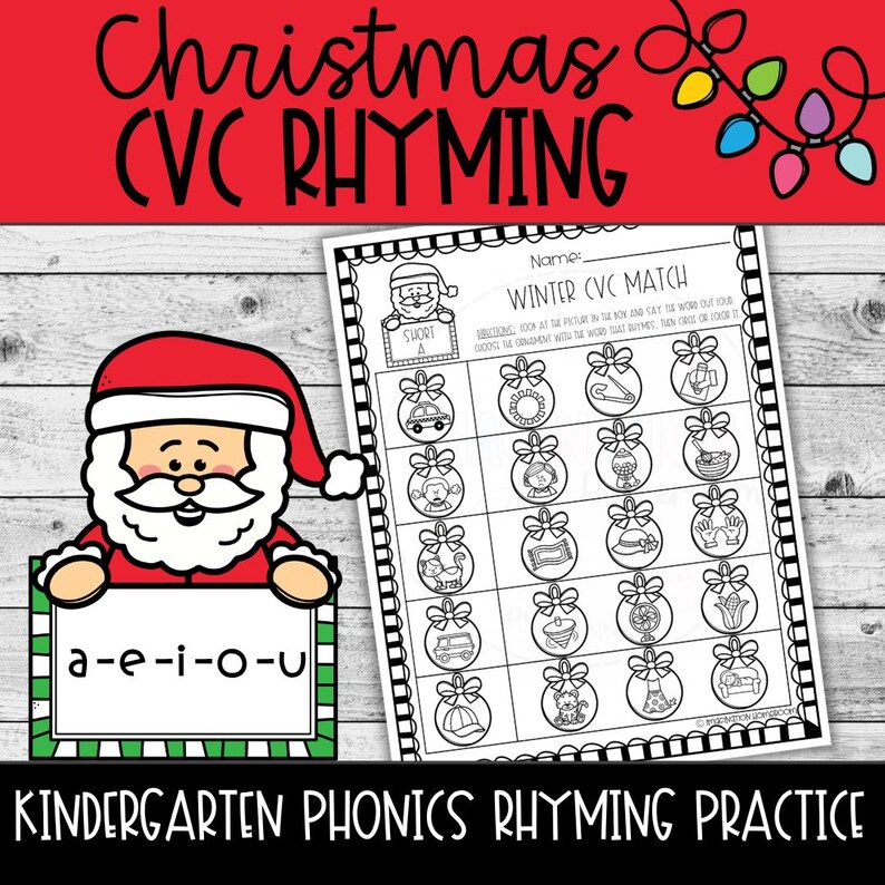 Christmas CVC Rhyming Worksheets. Winter Kindergarten Phonics Digital ...