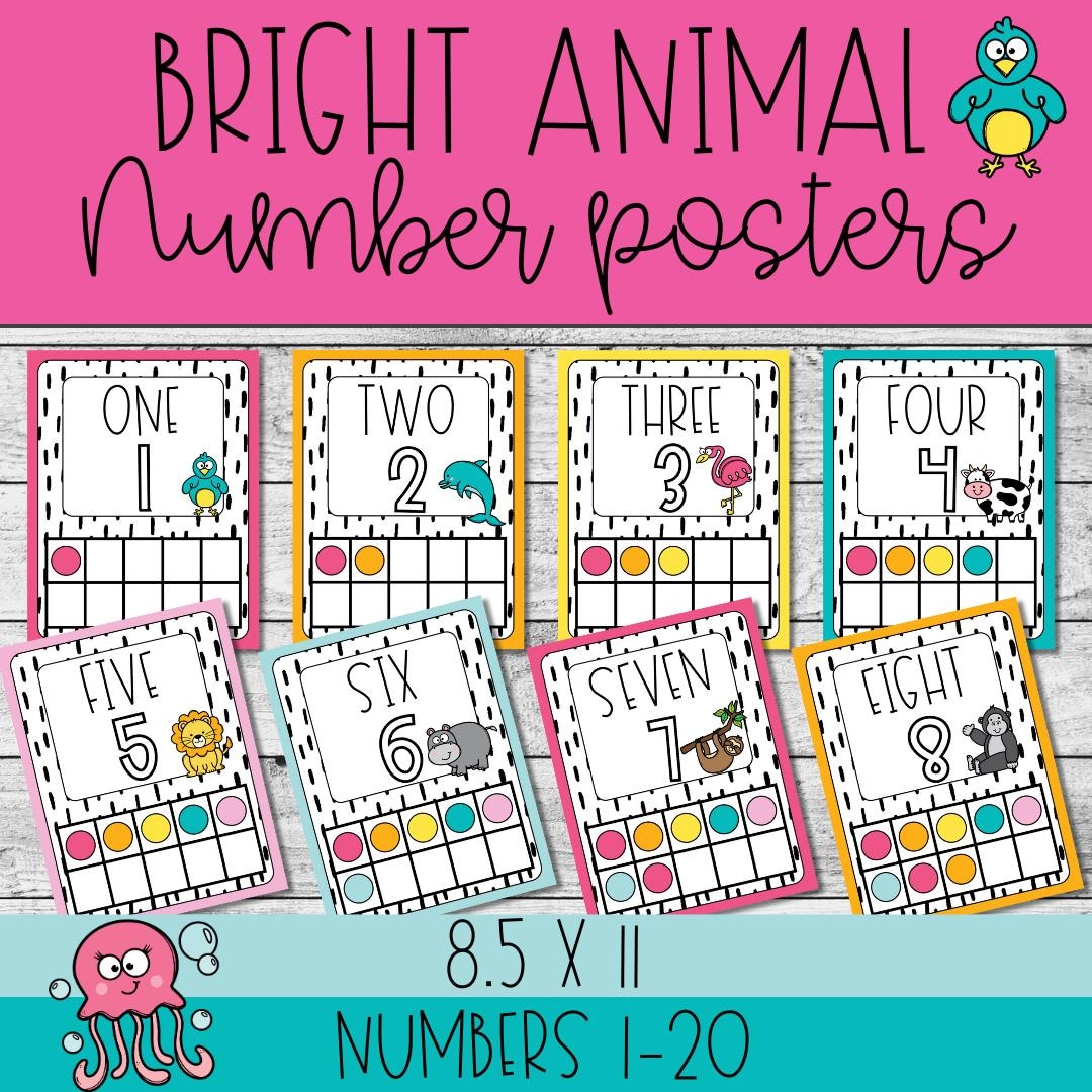 Bright Animal Number Posters 1 to 20 With Ten Frames for Preschool and ...
