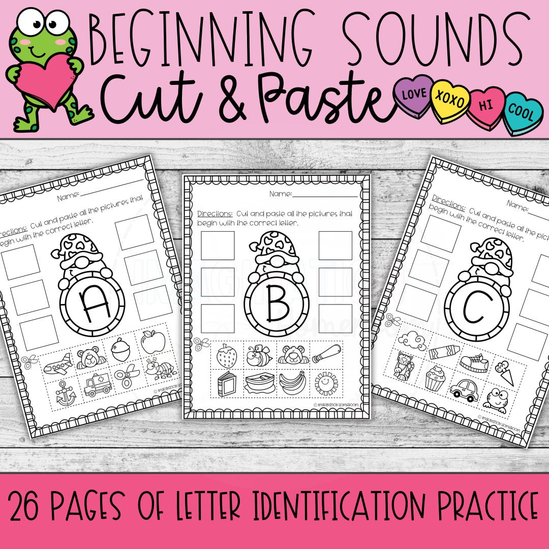 Valentine's Day Beginning Sounds Cut & Paste Worksheets (PDF) - Etsy
