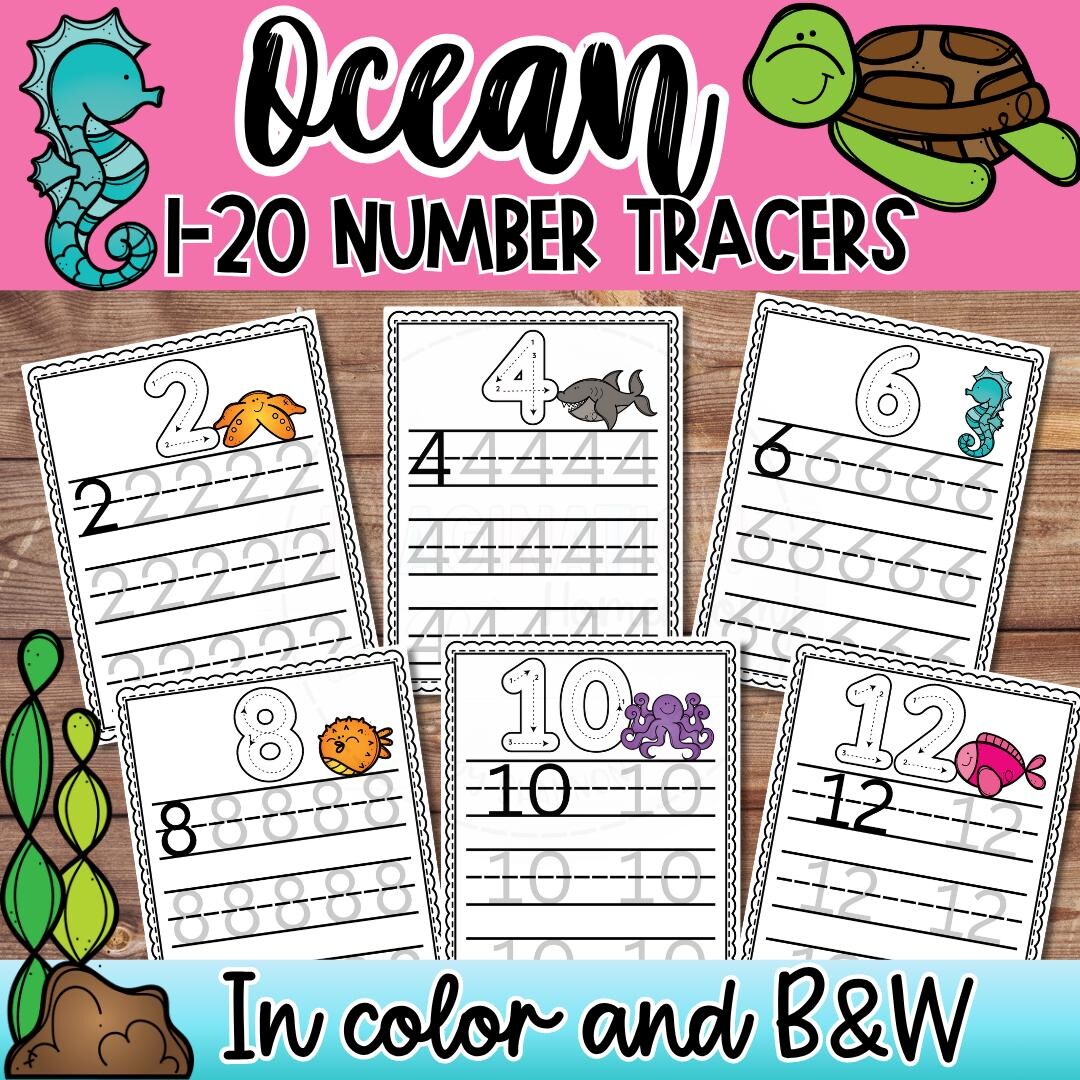 Ocean Theme Math Number Tracing Sheets 1‑20 Preschool Kindergarten ...