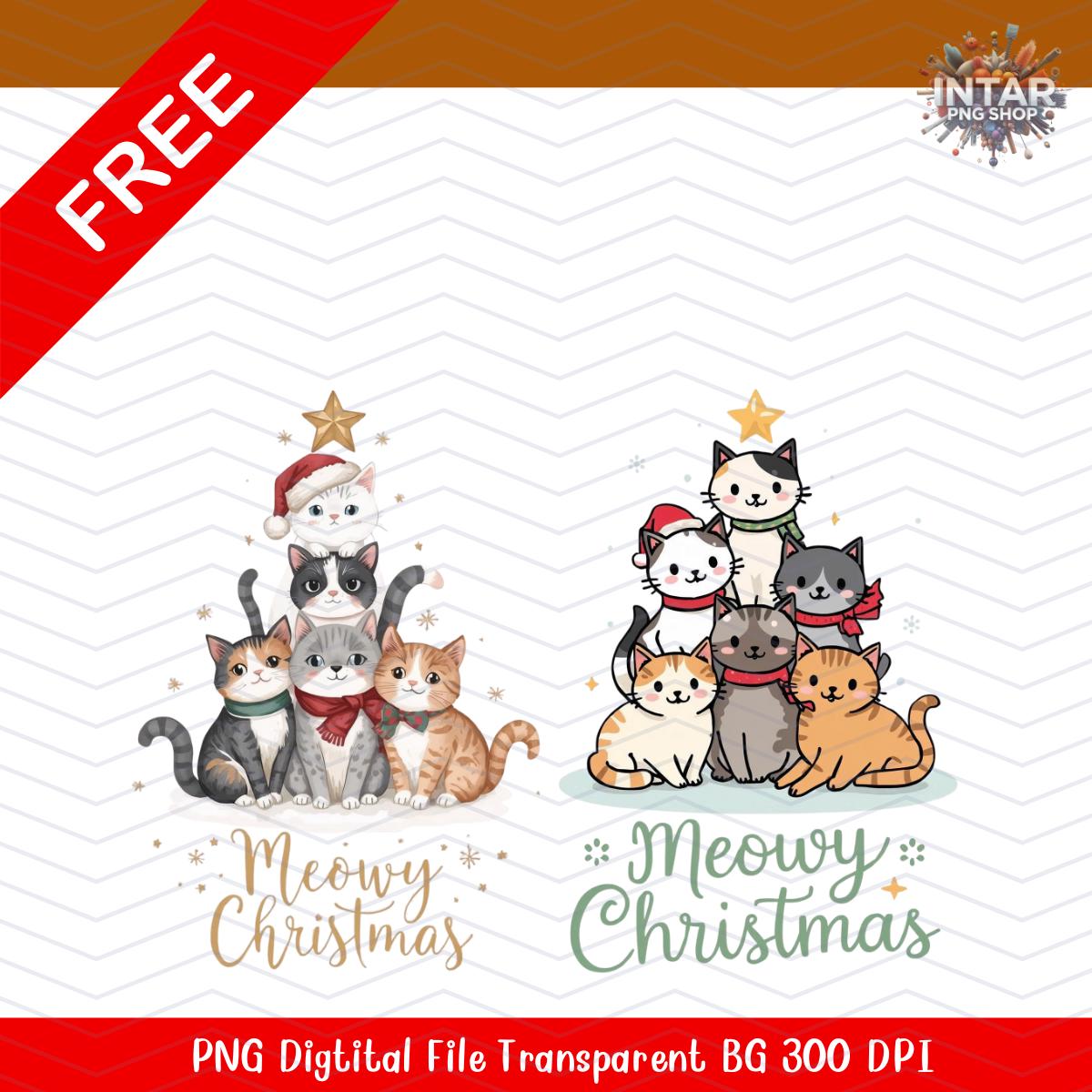 Meowy Christmas Cats PNG | Kitty Stack Tree Clipart for Sublimation ...