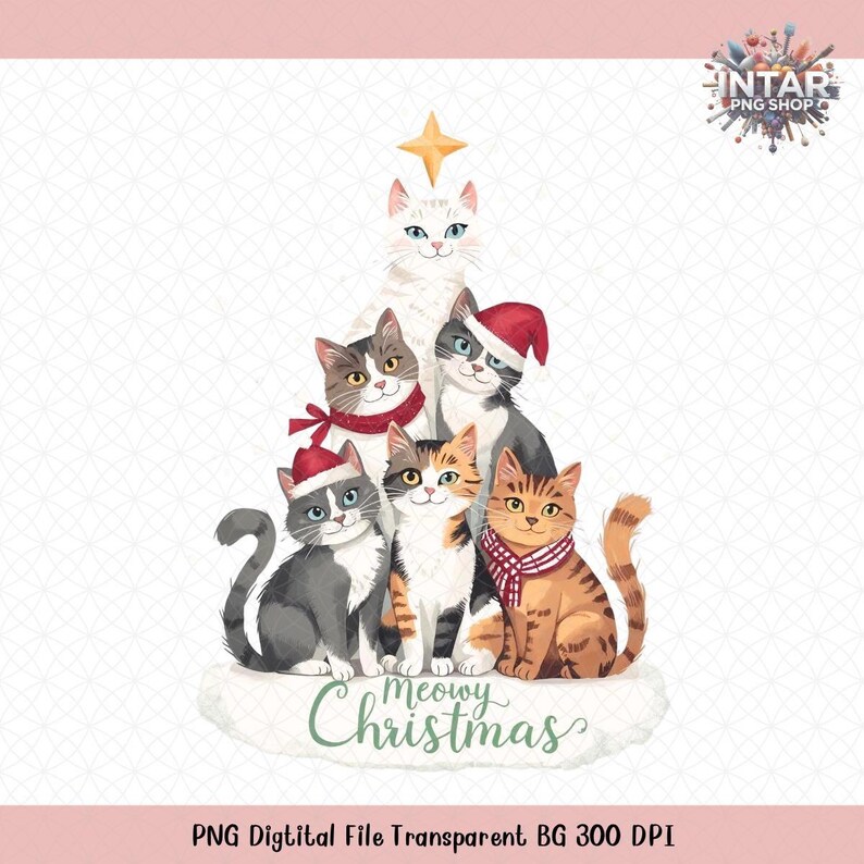 Meowy Christmas Cats PNG | Kitty Stack Tree Clipart for Sublimation ...