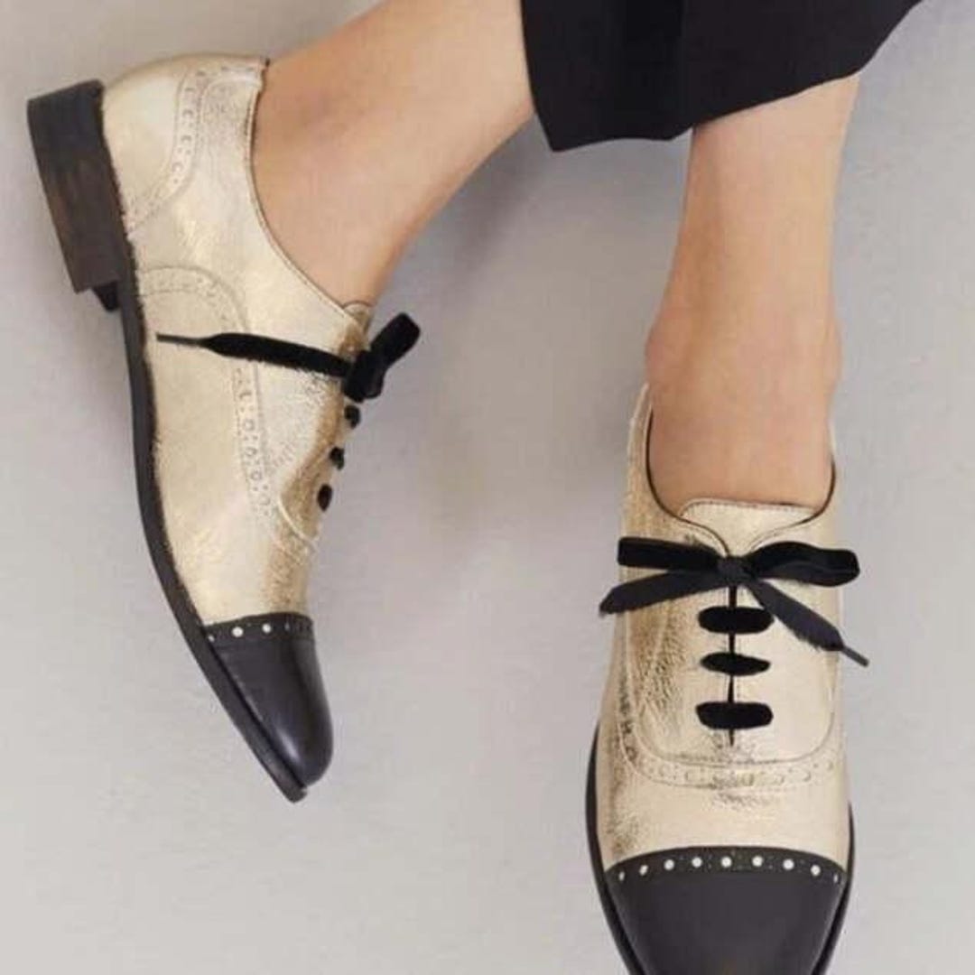 Handmade Gold & Black Leather Oxford Shoes: Women's Two-tone Brogues - Etsy