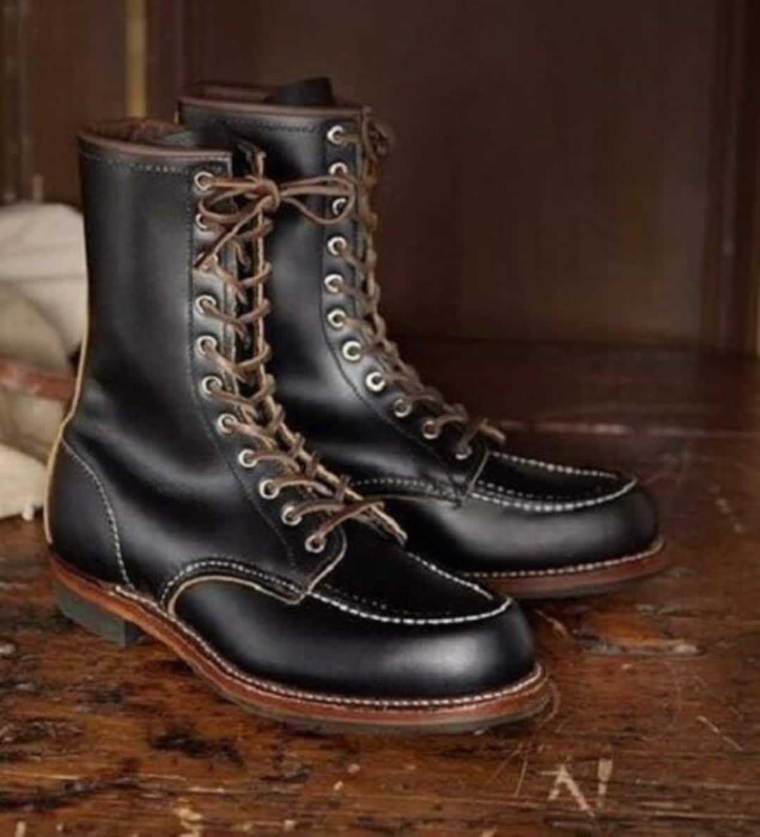 Handcrafted Black Leather Moc Toe Boots: Goodyear Welt Work Boots - Etsy